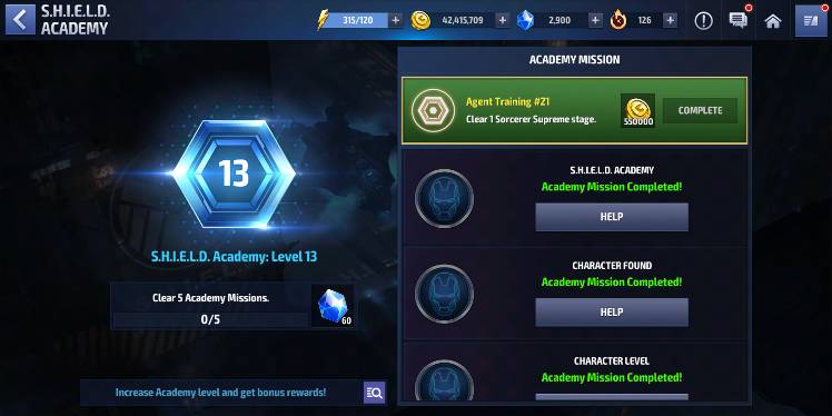 Shield Academy stuck on Agent Training #21 - MARVEL Future Fight