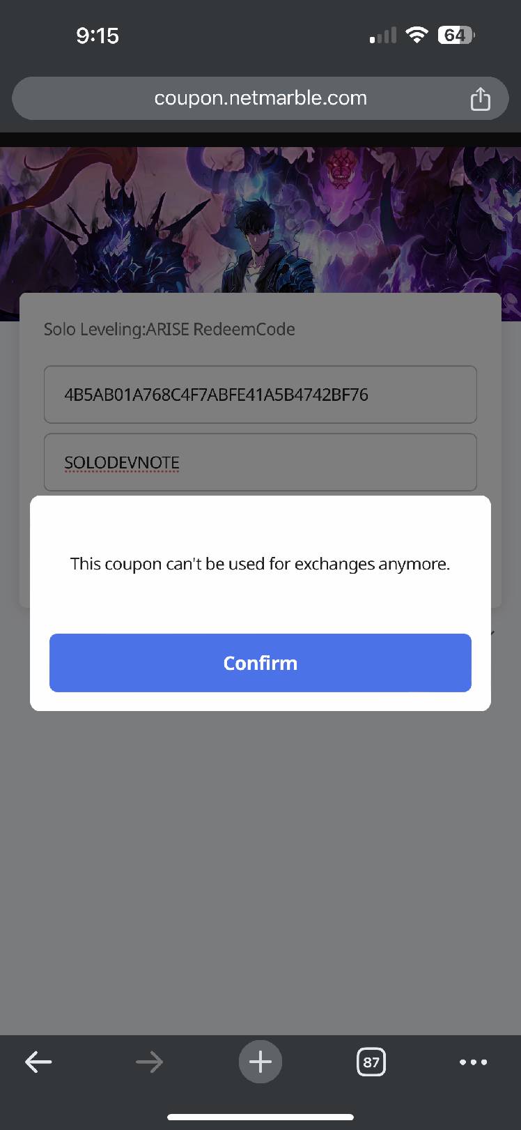 Cannot redeem code - Solo Leveling:ARISE