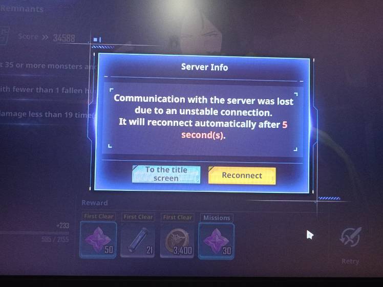 communication with the server was lost due to an unstable connection it will reconnect ...