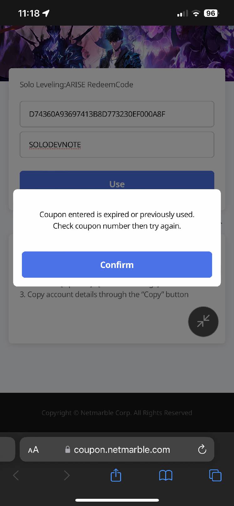 Cannot redeem code - Solo Leveling:ARISE