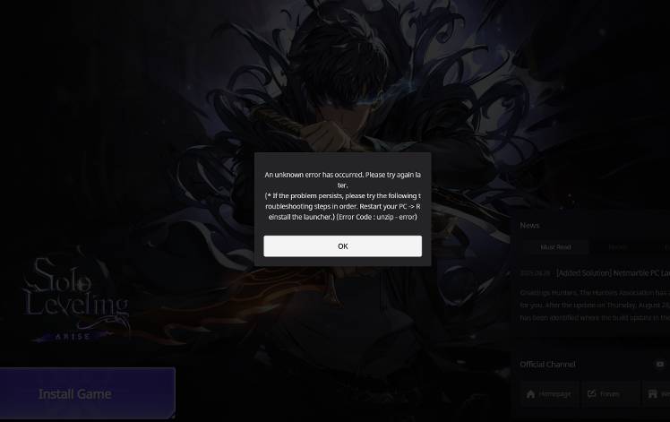 Error on installing the game on pc - Solo Leveling:ARISE